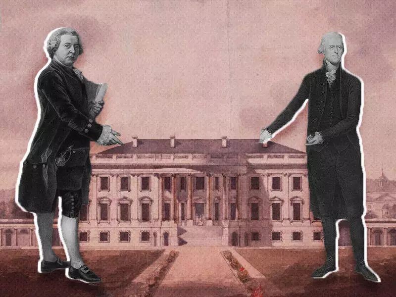John Adams ak Thomas Jefferson kanpe devan Mezon Blanch lan