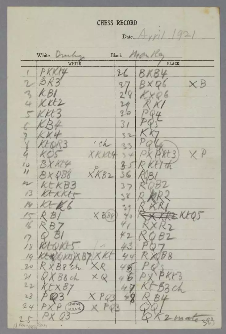 Un elenco scritto a mano di giochi di scacchi tra Man Ray e Duchamp