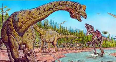 Y sauropod anferth Futalognkosaurus (ar y chwith) gyda rhai o'i gymdogion Cretasaidd.