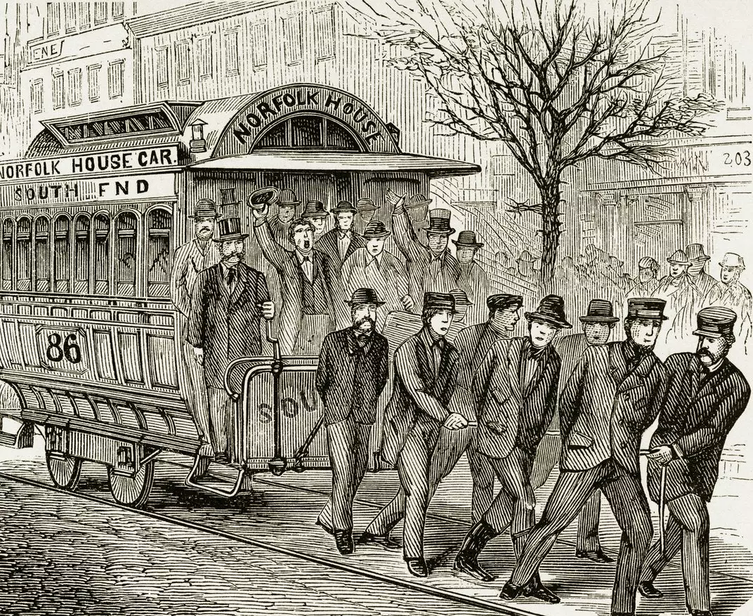 ilustracja mężczyzn ciągnących tramwaj