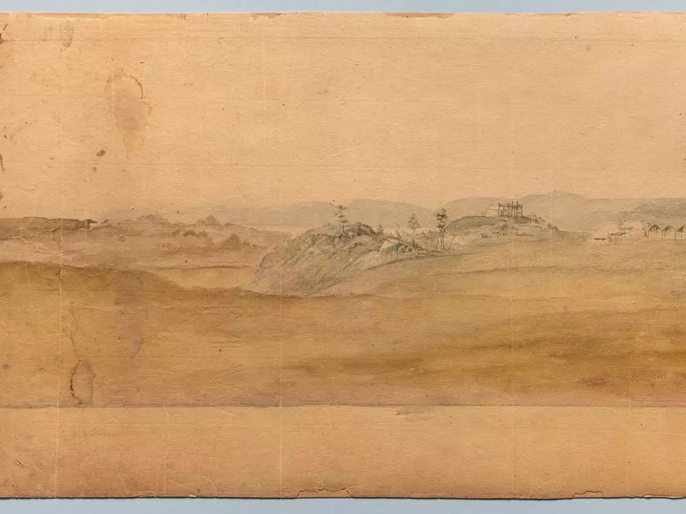 Närbild av tältdetalj i Verplancks Point akvarell. Med tillstånd av MoAR.jpg