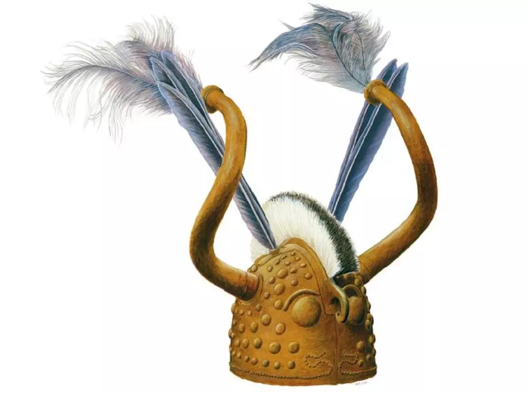 Ilustrasi helm seperti yang terlihat dengan bulu dan bulu kuda yang menempel
