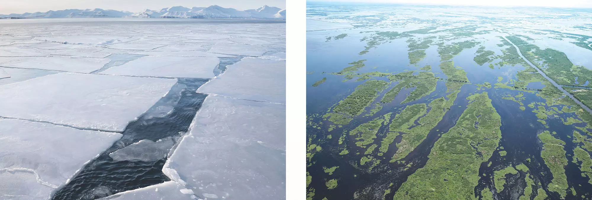 Gepaarde beelden van smeltende gletsjers en overstromende wetlands vertellen het verhaal van wereldwijde klimaatverandering