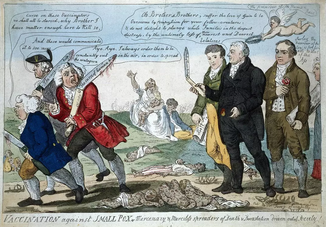 Caricatura que mostra a Edward Jenner, Thomas Dimsdale e George Rose derrotando aos opositores á vacinación.