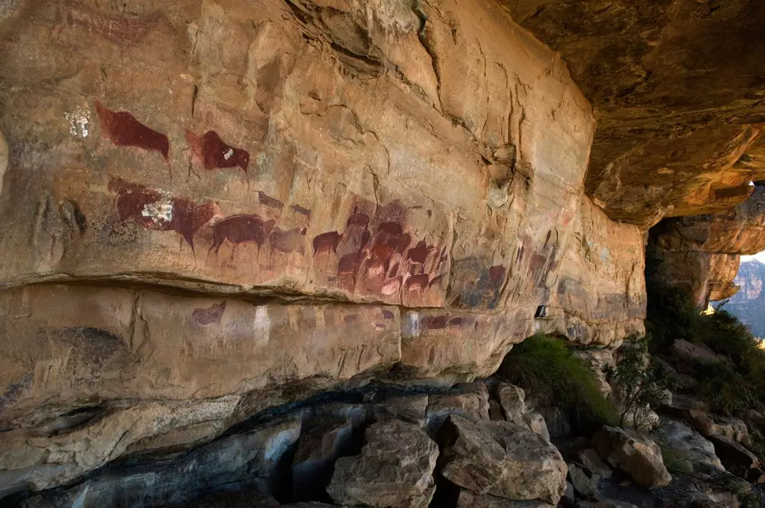 Стена на скална пещера с рисунки на диви животни в тъмночервен пигмент