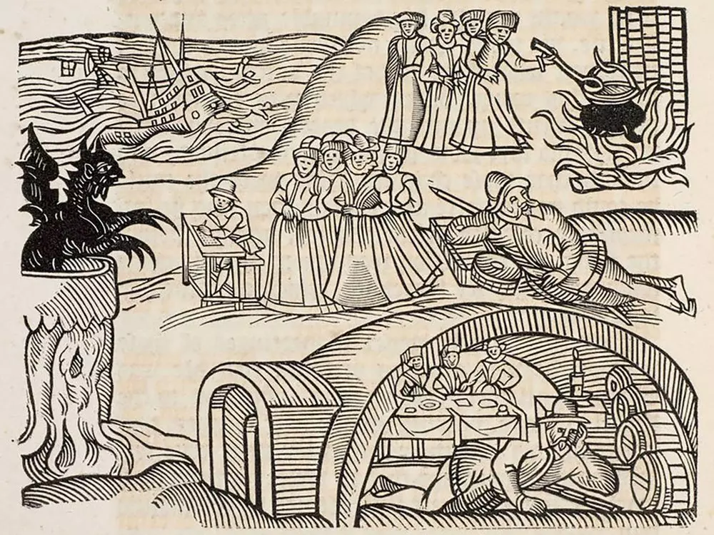 ξυλογραφία σε κιτρινισμένο χαρτί δείχνει γυναίκες να ετοιμάζουν ξόρκια, έναν άνδρα να κρατά σημειώσεις από τον διάβολο και άλλα εγκλήματα