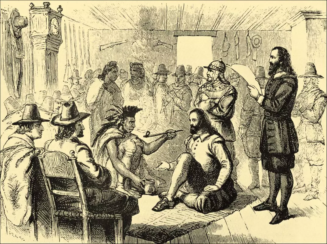 Massasoit rookt een ceremoniële pijp met de gouverneur van Plymouth Colony John Carver in 1621