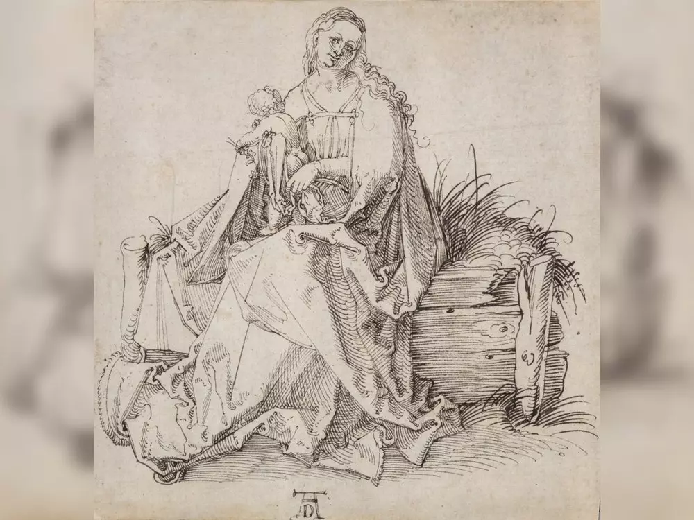 طرحی از مریم باکره، خندان و نشسته روی یک تکه علف سبز که توسط یک حصار چوبی نگه داشته شده است، و یک نوزاد عیسی را در آغوش گرفته است.