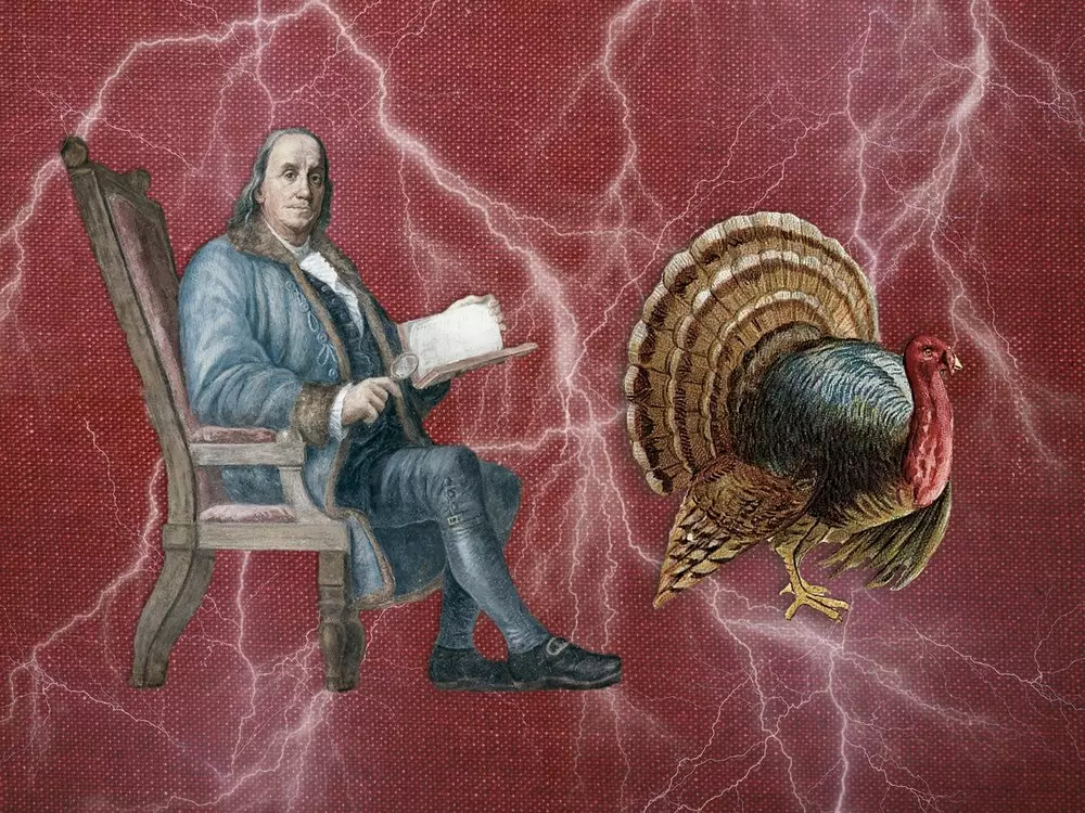Ilustração de Ben Franklin e um peru na frente de um raio