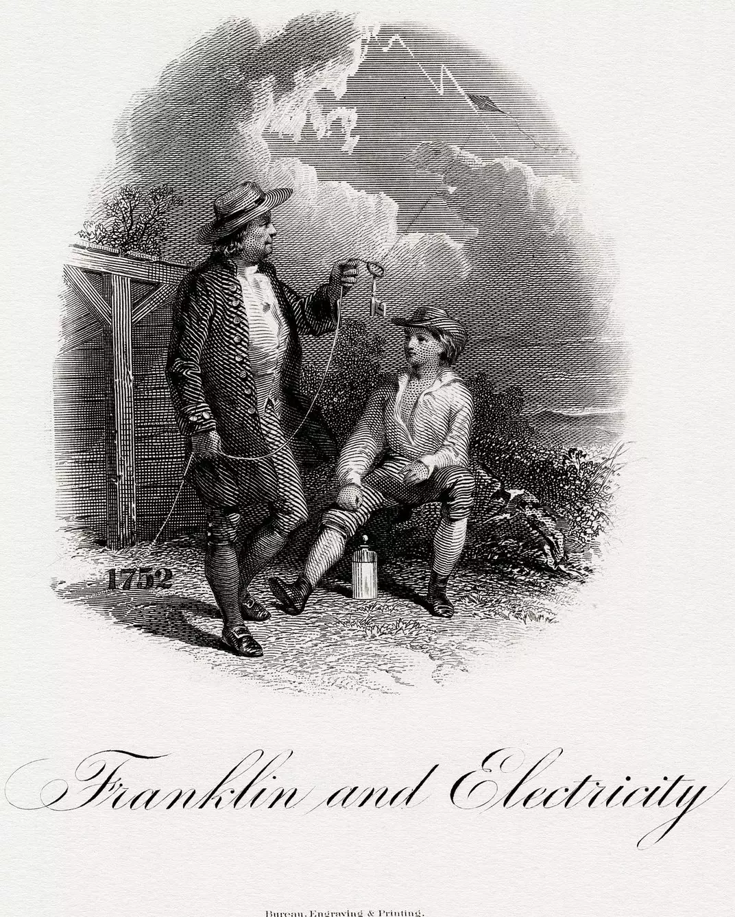 Bureau of Engraving and Printing vinheta gravada intitulada Franklin and Electricity