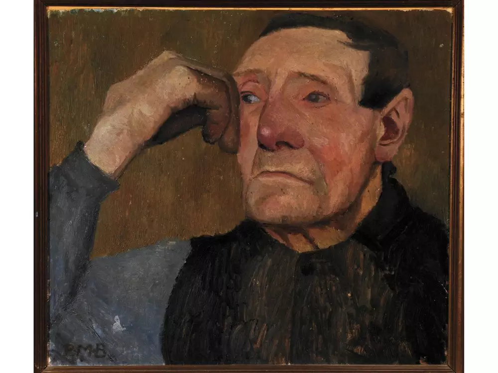 Половин портрет на селянин с глава, опряна на дясната ръка