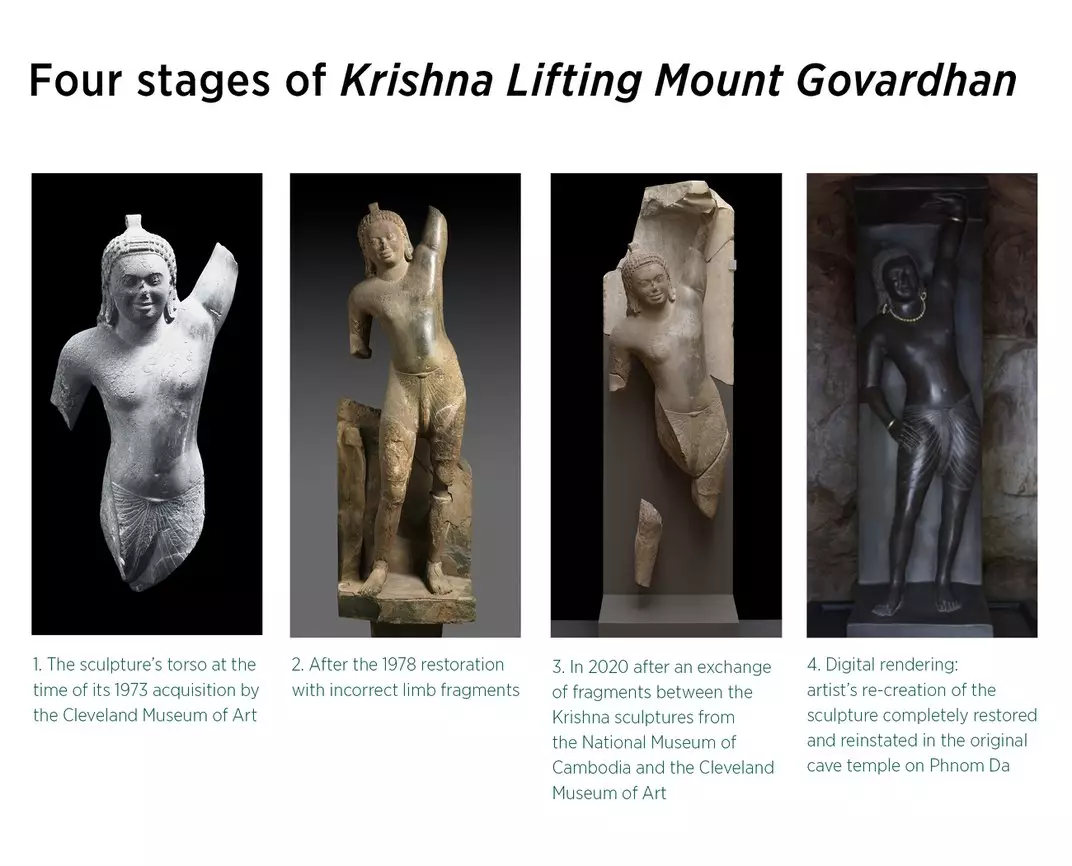 Una diapositiva di quattro immagini affiancate che descrivono in dettaglio le numerose fasi del restauro che la statua di Cleveland ha attraversato