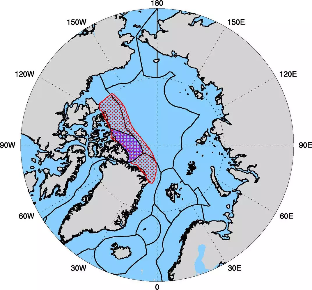 תמונה של מפה המציגה את האוקיינוס הארקטי ואת חוקרי האזור המכנים את אזור הקרח האחרון.