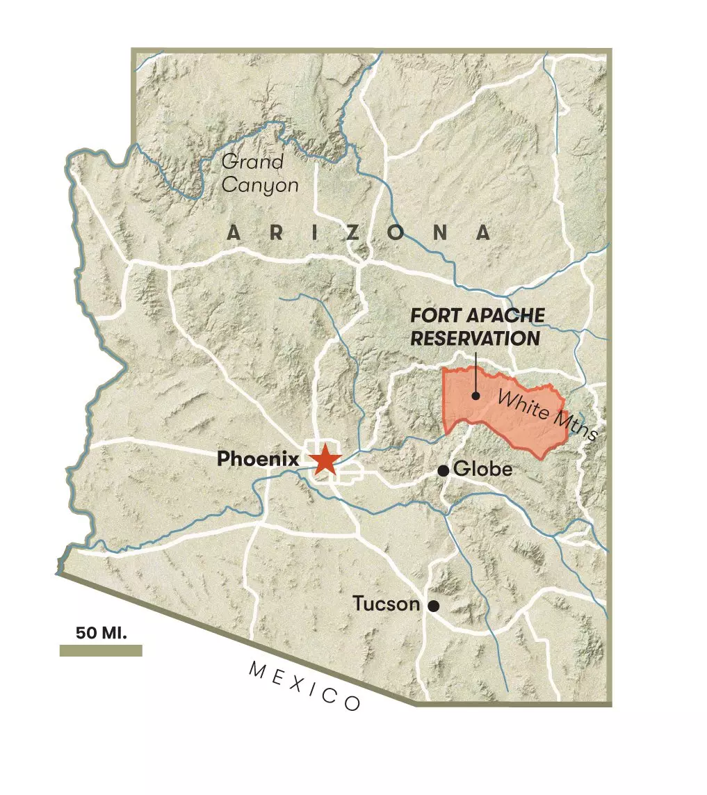 Tá léarscáil de Arizona a thaispeánann an suíomh an Áirithinte Fort Apache....