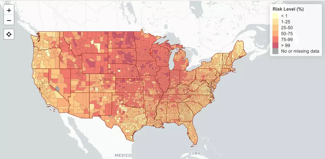 A szomszédos Egyesült Államok térképe sárga, narancssárga vagy piros színű megyékkel