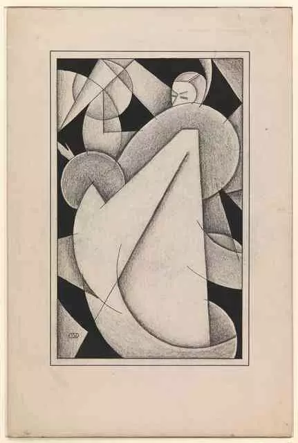 Kubistisks sievietes dizains, kas valkā pilnu mēteli ar lielu kažokādas apkakli un aprocēm, 1927–28, parakstīts DSD.