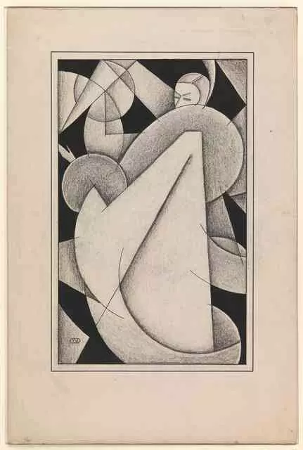 Design cubist al unei femei care poartă o haină plină cu guler și manșete mari de blană, 1927-’28, semnat DSD.