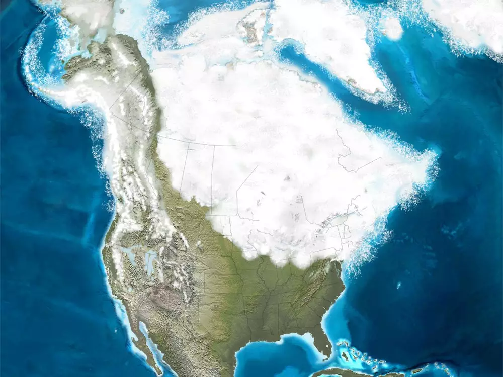 Gletsjerijs bedekt Noord-Amerika 126.000 jaar geleden.