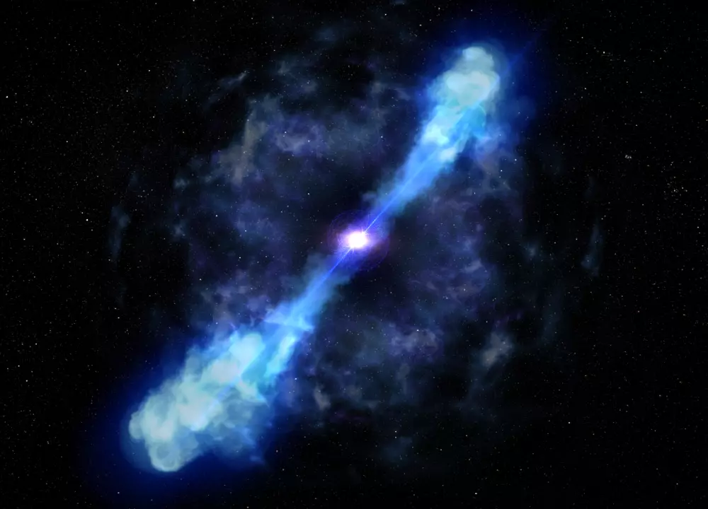 Uzayda bir kilonova görüntüsü. Resmin ortasında çapraz olarak uzanan iki mavi ışık huzmesi olan parlak, mor, dairesel bir parıltı var. Açık mavi