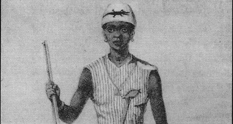 Ee vun Dahomeys 'Frae Krieger, mat engem Musket, Club, Dolch - an hirem Feind säi ofgeschniddene Kapp.
