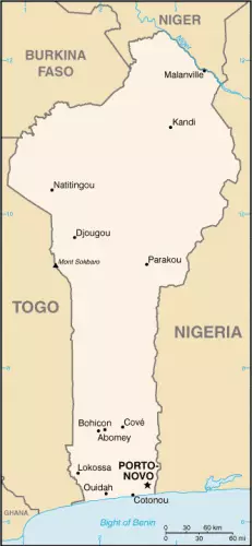 Dahomey - a ailenwyd yn Benin ym 1975 - gan ddangos ei leoliad yng Ngorllewin Affrica.