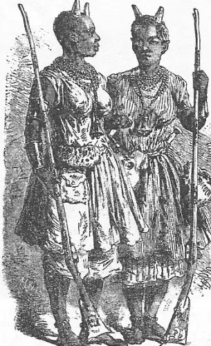 Mujeres oficiales fotografiadas en 1851, con cuernos simbólicos de oficina en la cabeza.