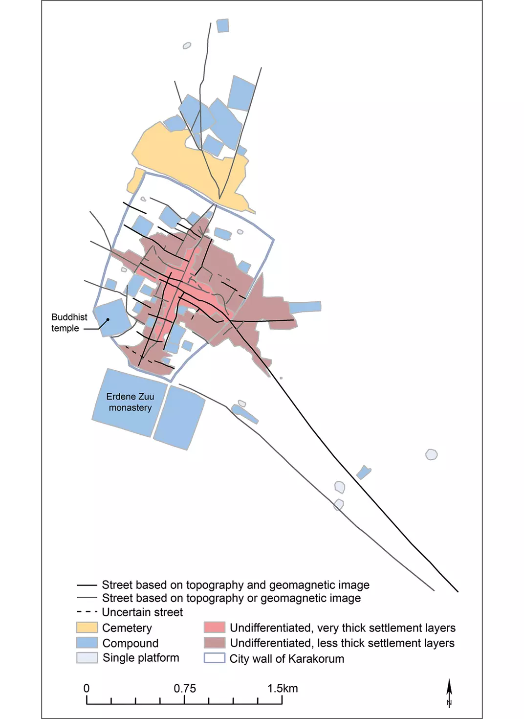 शहर का एक नक्शा, जिसमें कब्रिस्तानों, परिसरों, शहर की दीवारों और अन्य निपटान क्षेत्रों को रेखांकित किया गया है