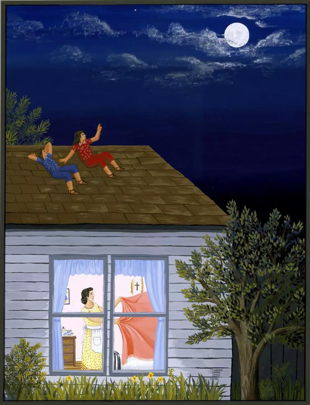 Mājas mākslas darbs naktī. Pa logu var redzēt sievieti, kas mazgā veļu, un divi bērni sēž uz jumta un skatās uz nakts debesīm.