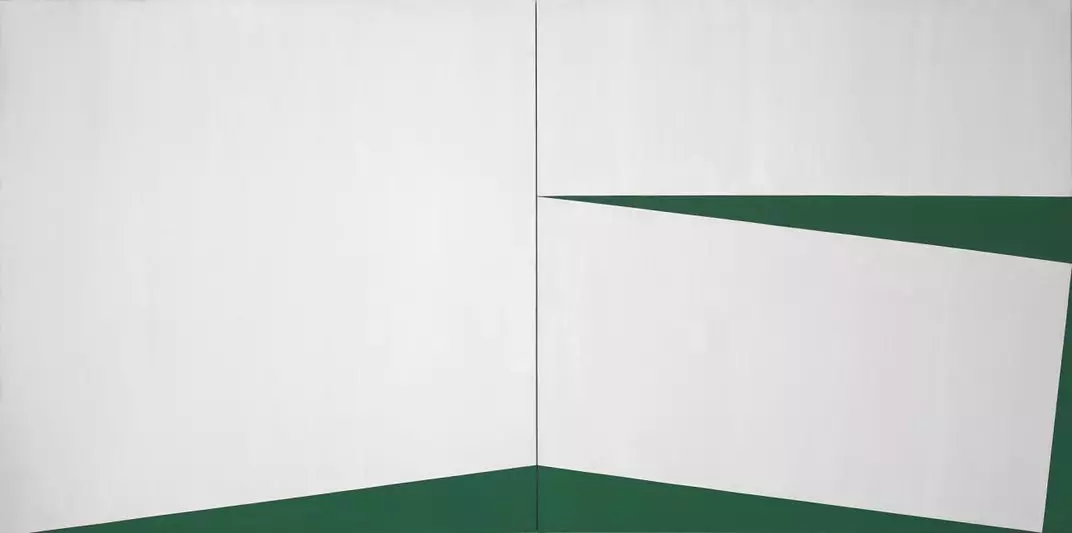 Abstrakta glezna baltā un zaļā krāsā.