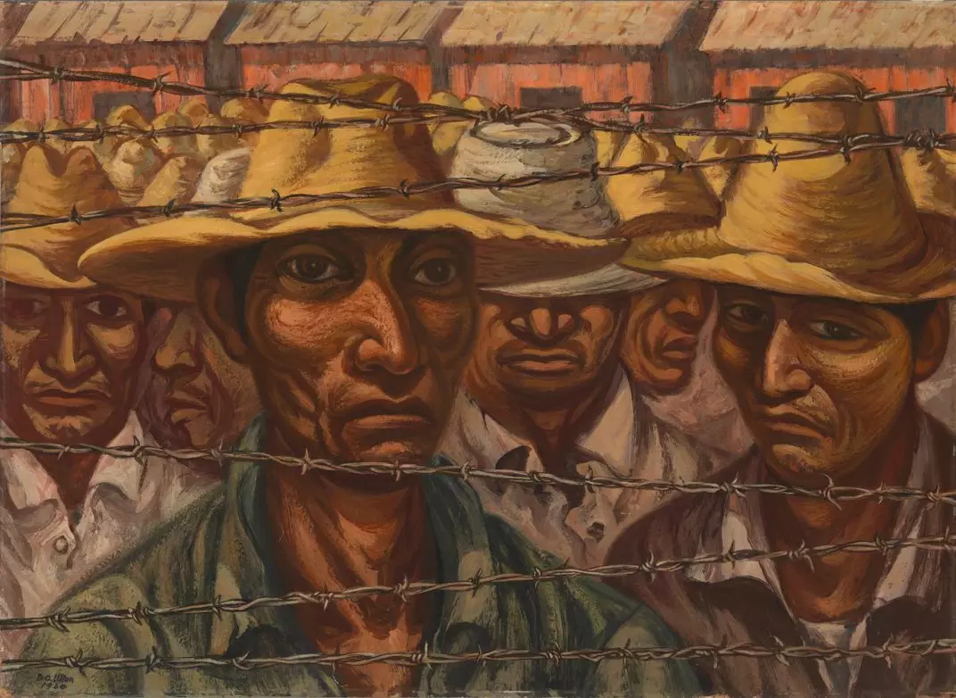 Eļļas glezna, kurā redzama meksikāņu vīriešu grupa, kas stāv aiz dzeloņstiepļu žoga.