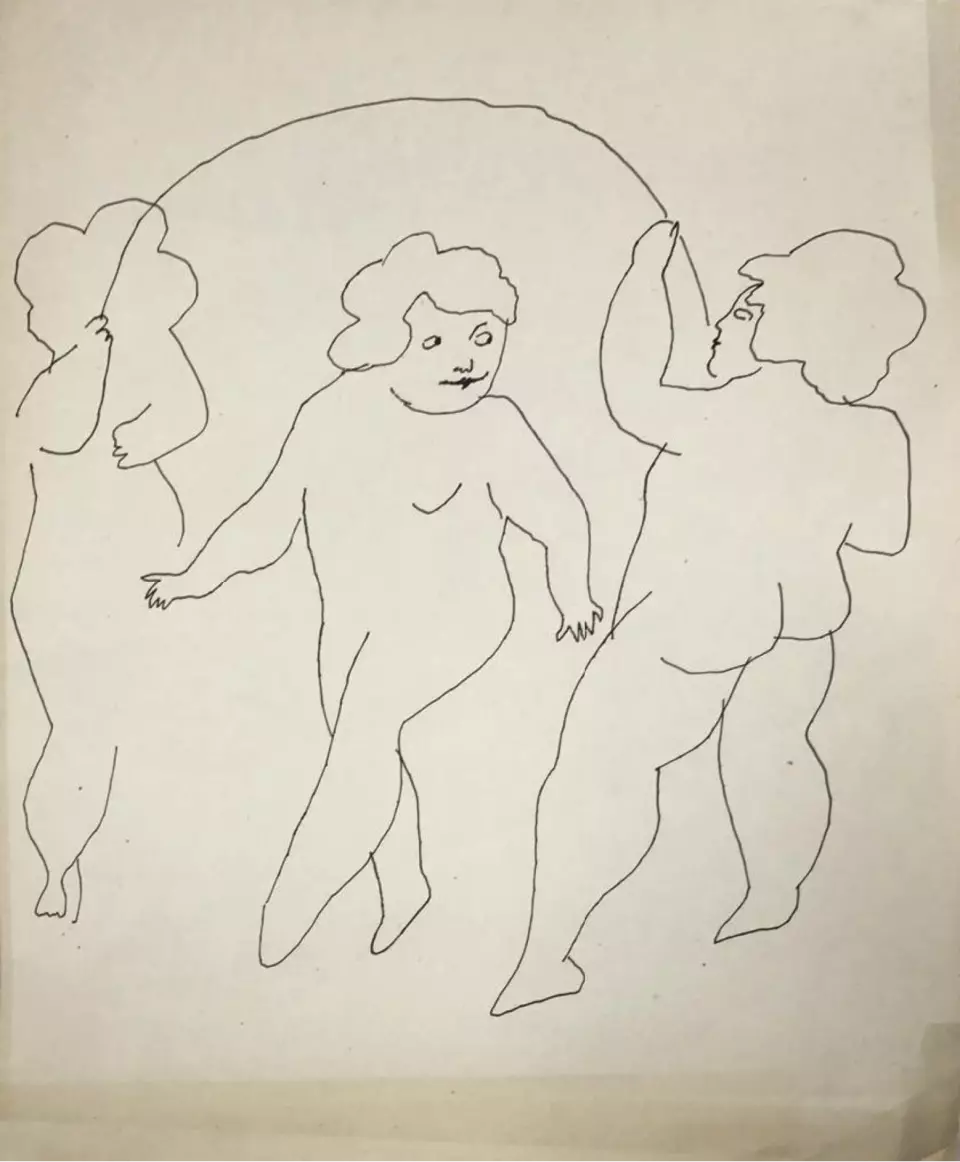 Perokresba na papíře znázorňující tři nahé ženy hrající přes švihadlo, přičemž dvě na každé straně drží lano a ústřední postava ve skoku uprostřed