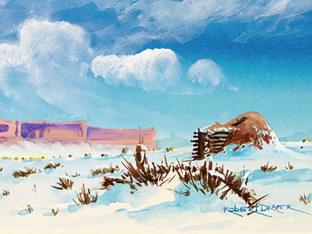 „Hogan im Schnee“, ca. 1985. Gemalt von Robert Draper (Diné [Navajo], 1938–2000). Chinle, Navajo-Nation, Arizona. 26/6481 (Nationalmuseum der amerikanischen Indianer, Smithsonian)