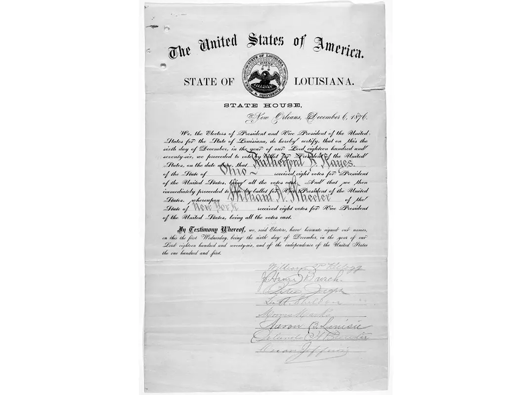 Un certificado do voto electoral de Luisiana para Rutherford B. Hayes