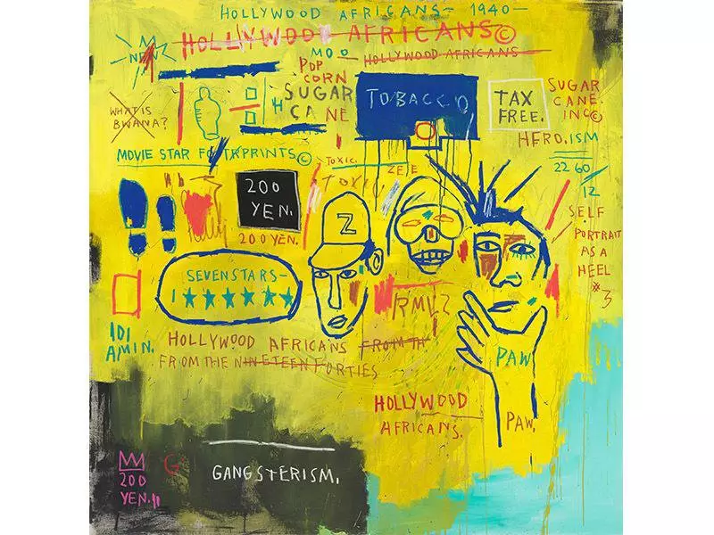 A large splash of yellow dominates the canvas, with handwritten phrases and drawings including three faces, the words HOLLYWOOD AFRICANS FROM THE [crossed-out] NINETEEN FORTIES, SUGAR CANE, TOBACCO, TAX FREE and other references
