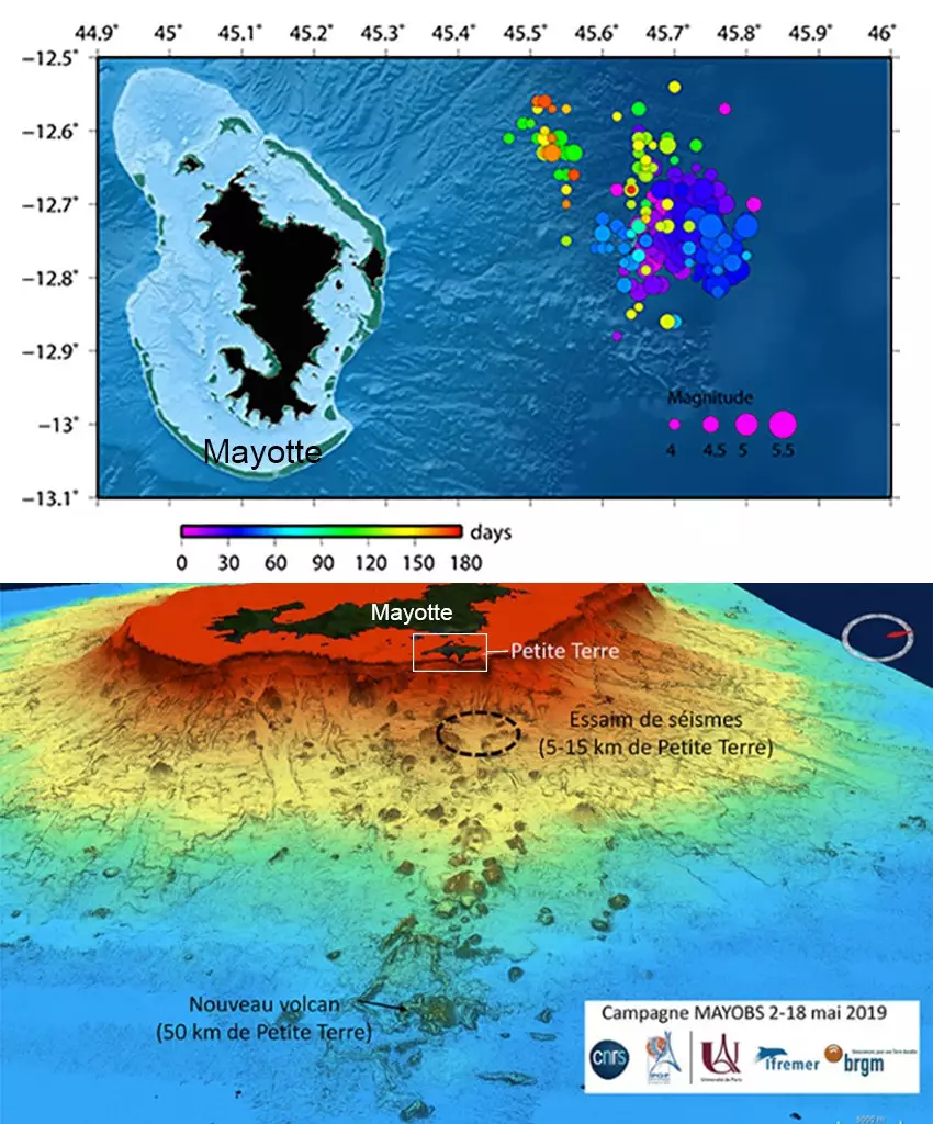 Obrázok máp seizmickej aktivity v blízkosti ostrova Mayotte.