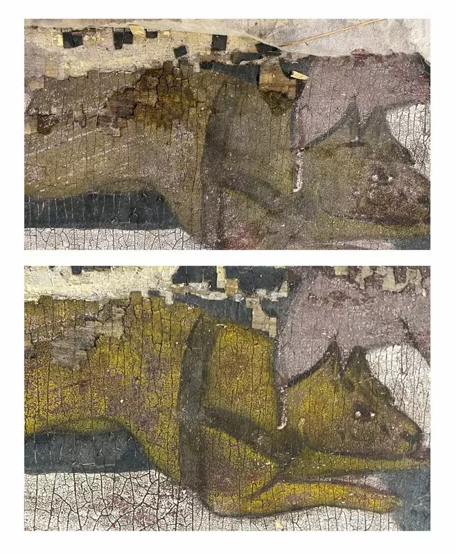 Dua imej menunjukkan sebelum dan selepas kesan pemuliharaan pada satu bahagian karya seni panel, menunjukkan anjing kartun yello bergambar lompat pertengahan