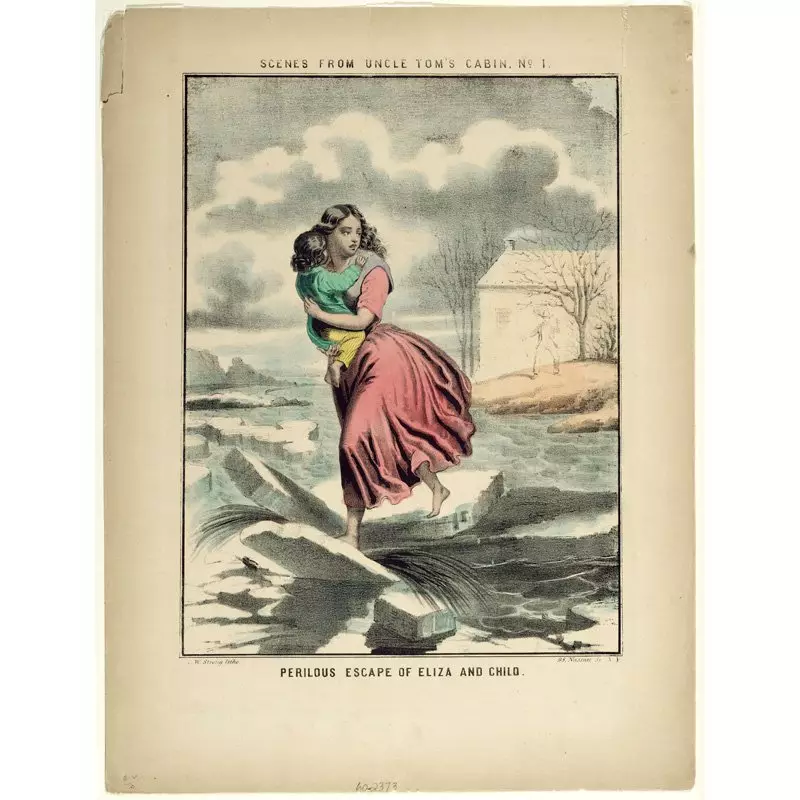 Litograf yang menggambarkan pemandangan Kabin Uncle Tom, menunjukkan watak Elize yang membawa anaknya melintasi Sungai Ohio yang beku. Ais retak di bawah kaki Eliza ketika dia berlari, sementara figura kecil melihat perkembangannya dari pantai jauh di Kentucky