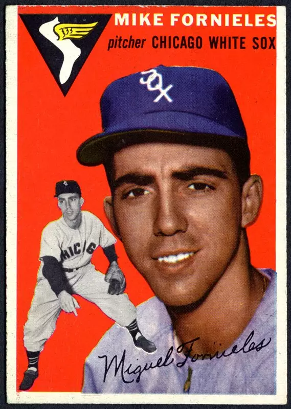 Baseball card with headshot and full portrait of Mike Fornieles