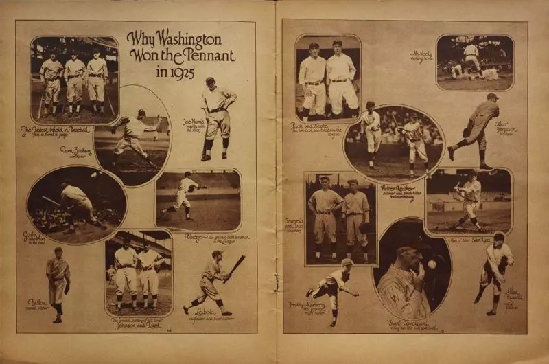 ખેલાડીઓના ફોટા અને લખાણ દર્શાવતા બે પાનાનો સ્પ્રેડ, “Why Washington Won the Pennant in 1925”