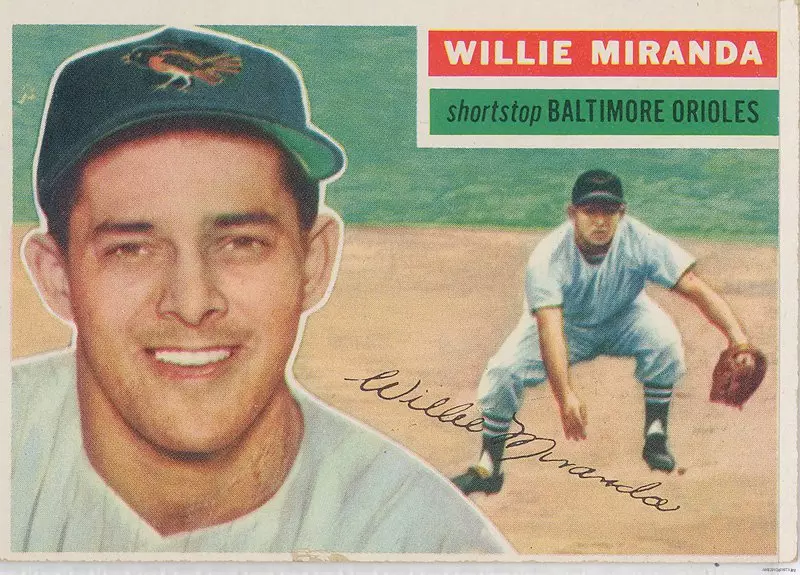 Willy Mirandanın baş vuruşu və topu vuran qısa keçidin təsviri olan beysbol kartı