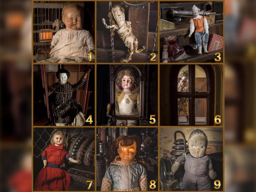 Collage af de ni uhyggelige dukker, der konkurrerer om dette års titel
