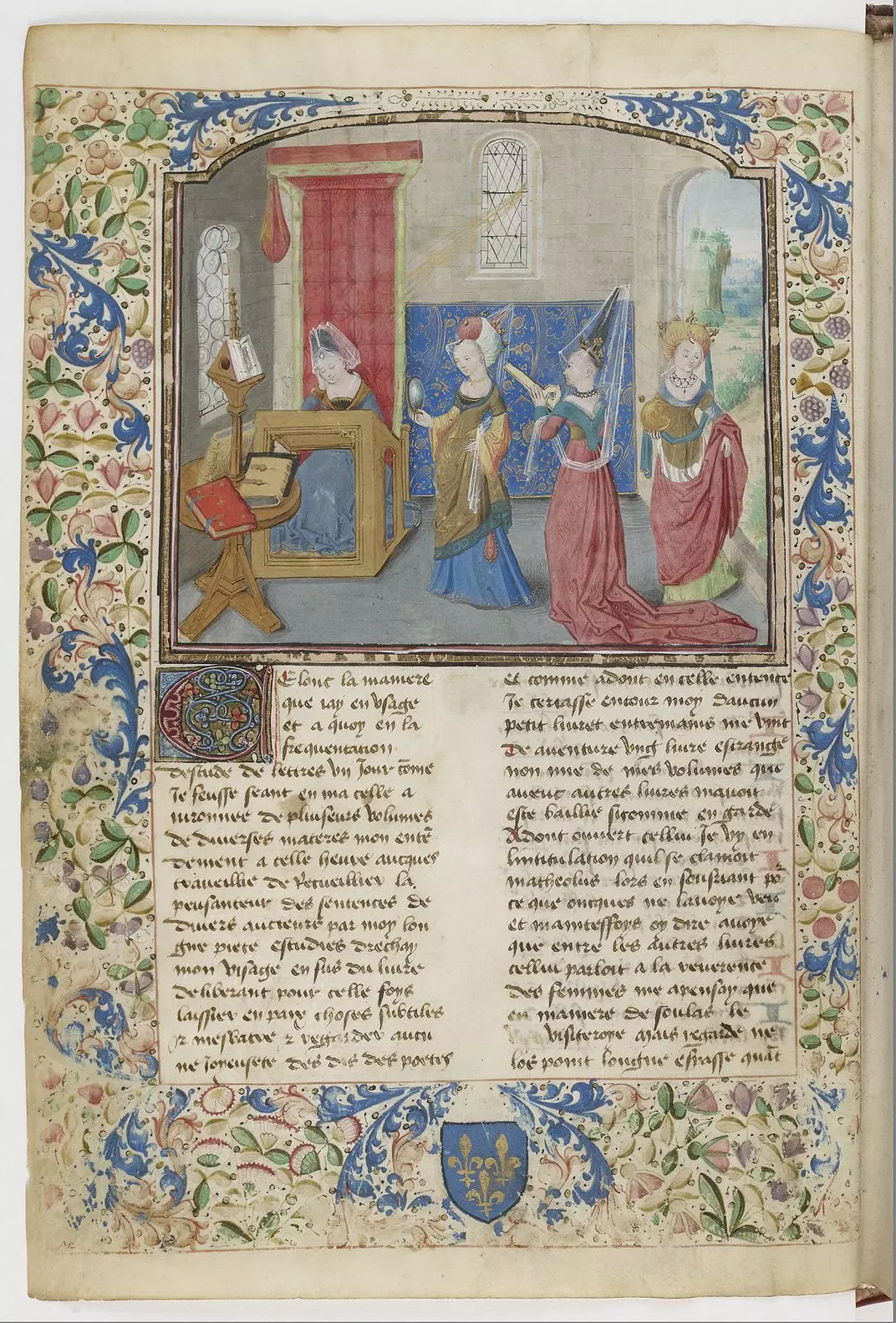 Stránka z iluminovaného rukopisu italské spisovatelky Christine de Pizan