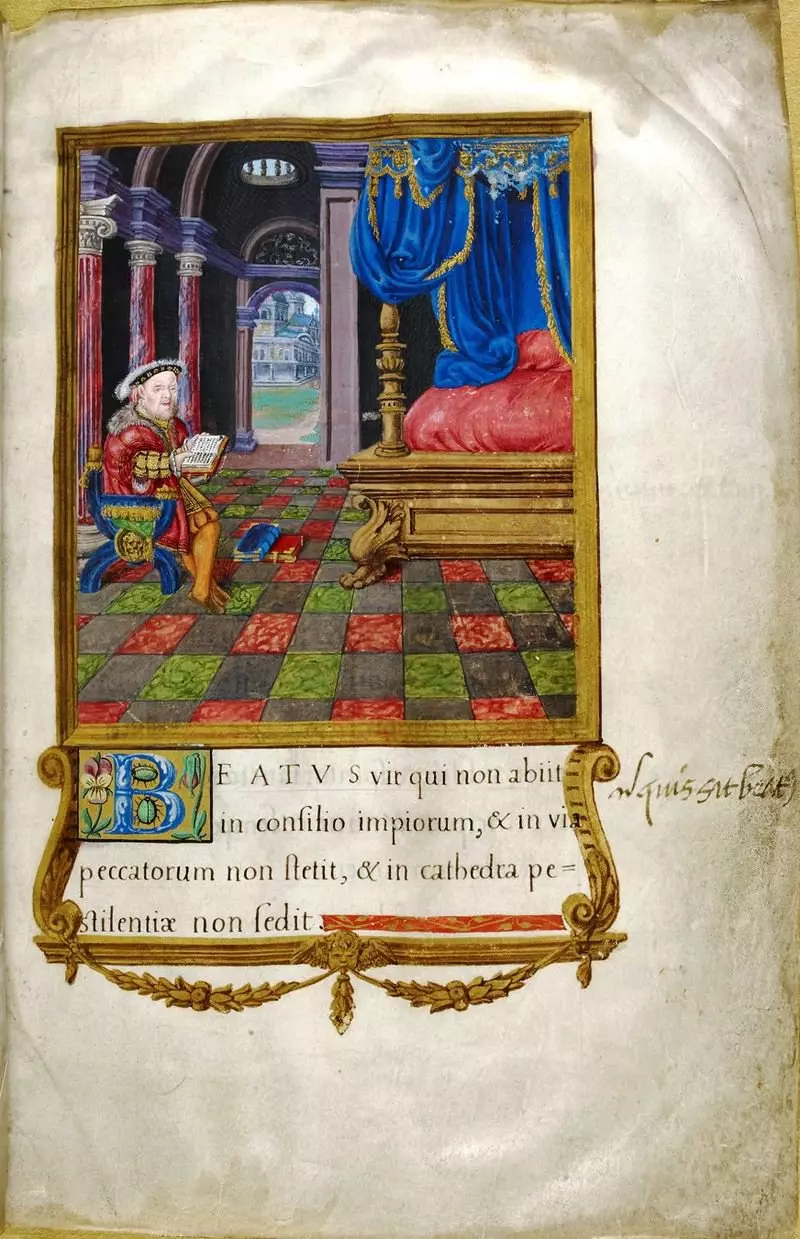 تصویری از خواندن هنری هشتم، همانطور که در کتاب مزامیر شخصی پادشاه تودور دیده می شود.