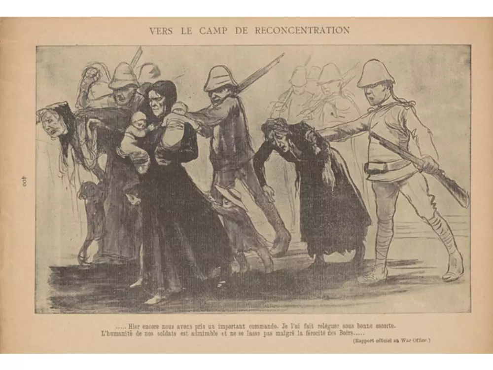 Илюстрация от карикатуриста Жан Вебер изобразява войски на британската армия, които събират цивилни южноафрикански бури