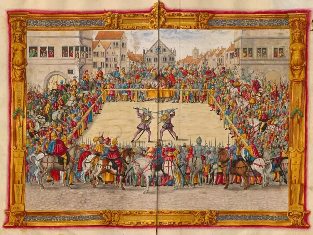 1409년 아우크스부르크에서 원수 빌헬름 폰 도른스베르그와 테오도르 하스나커 사이의 사법 전투에 대한 1540년대 묘사