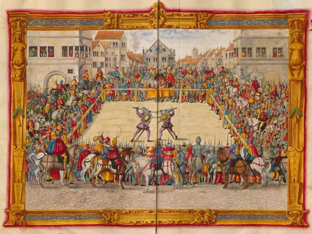 A 1540s depiction of judicial combat in Augsburg in 1409, between Marshal Wilhelm von Dornsberg and Theodor Haschenacker