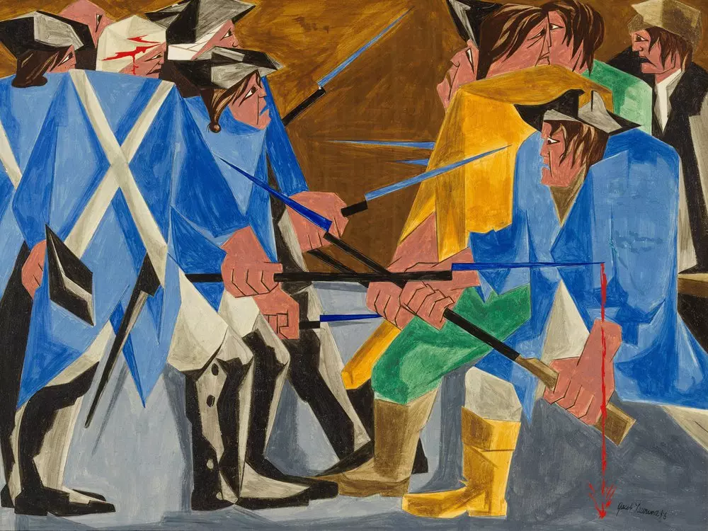 Et kantete, levende farget maleri av menn i knallblå frakker som peker lange piggete bajonetter mot hverandre; til høyre har mennene på seg et virvar av farger, mens til venstre har mennene blå og hvite uniformer