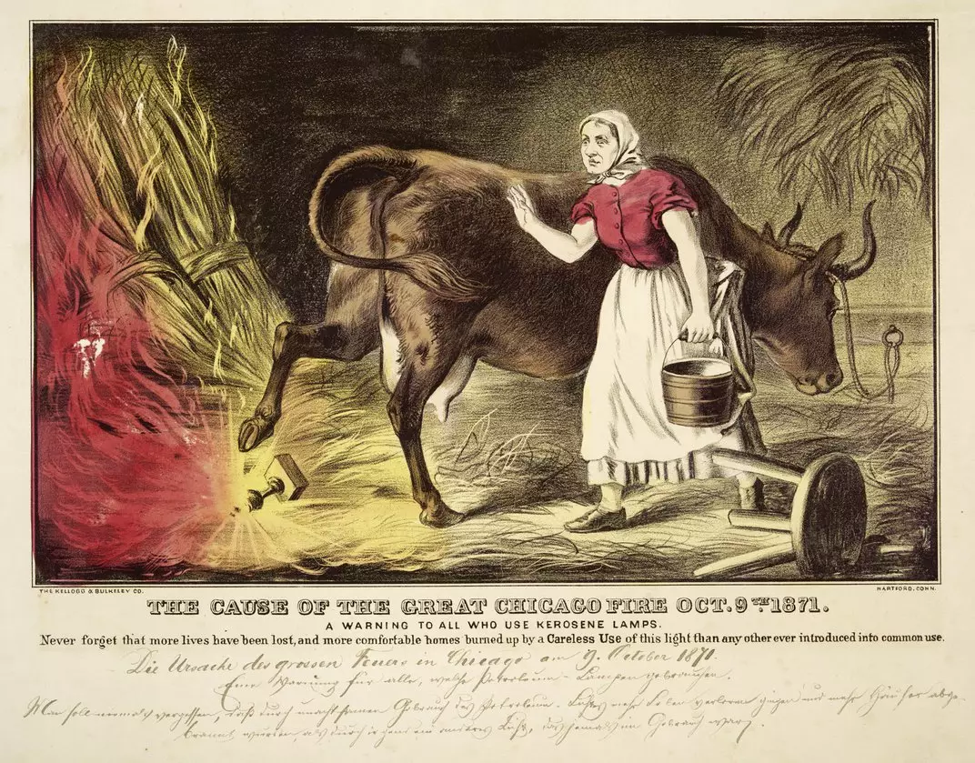 Një karikaturë përshkruan Catherine O Leary duke parë lopën e saj duke shkelmuar mbi një llambë, duke i vënë flakën hambarit të saj
