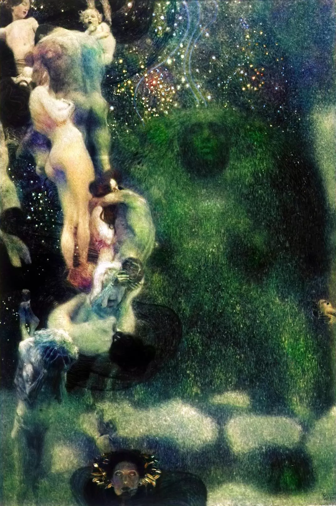 مشهد صوفي وسط ضباب نجمي مخضر ، مع شخصيات عارية على الجانب الأيسر