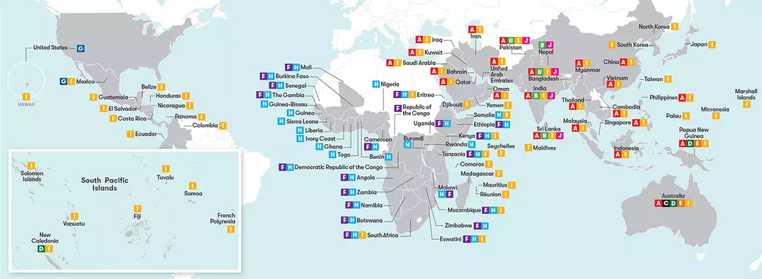 მსოფლიოს რუკა, სადაც ნაჩვენებია გველების ადგილმდებარეობა